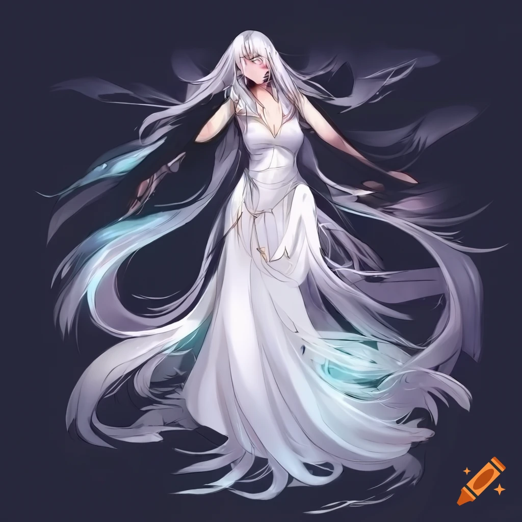 Anime goddess with raven hair in a flowing white robe on a white ...