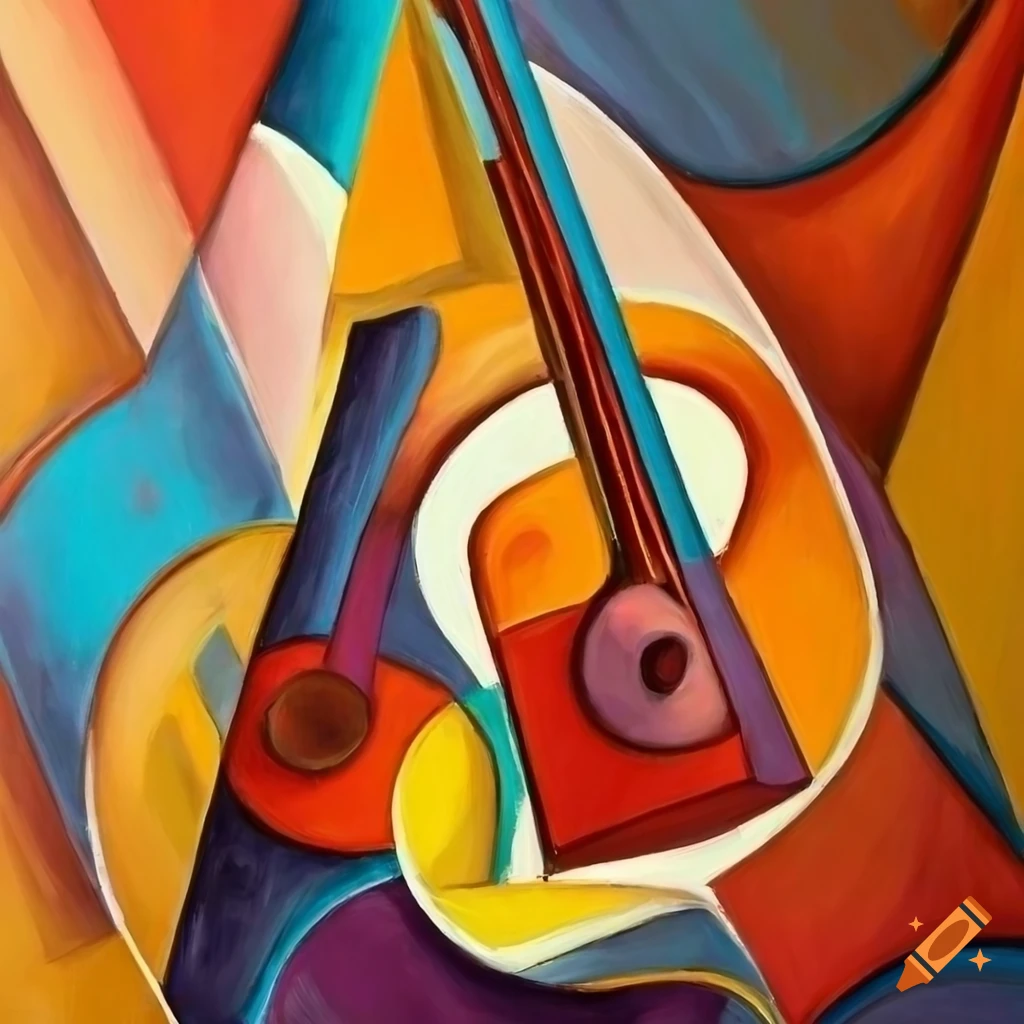 Cubist painting with intertwined instruments in warm colors on Craiyon