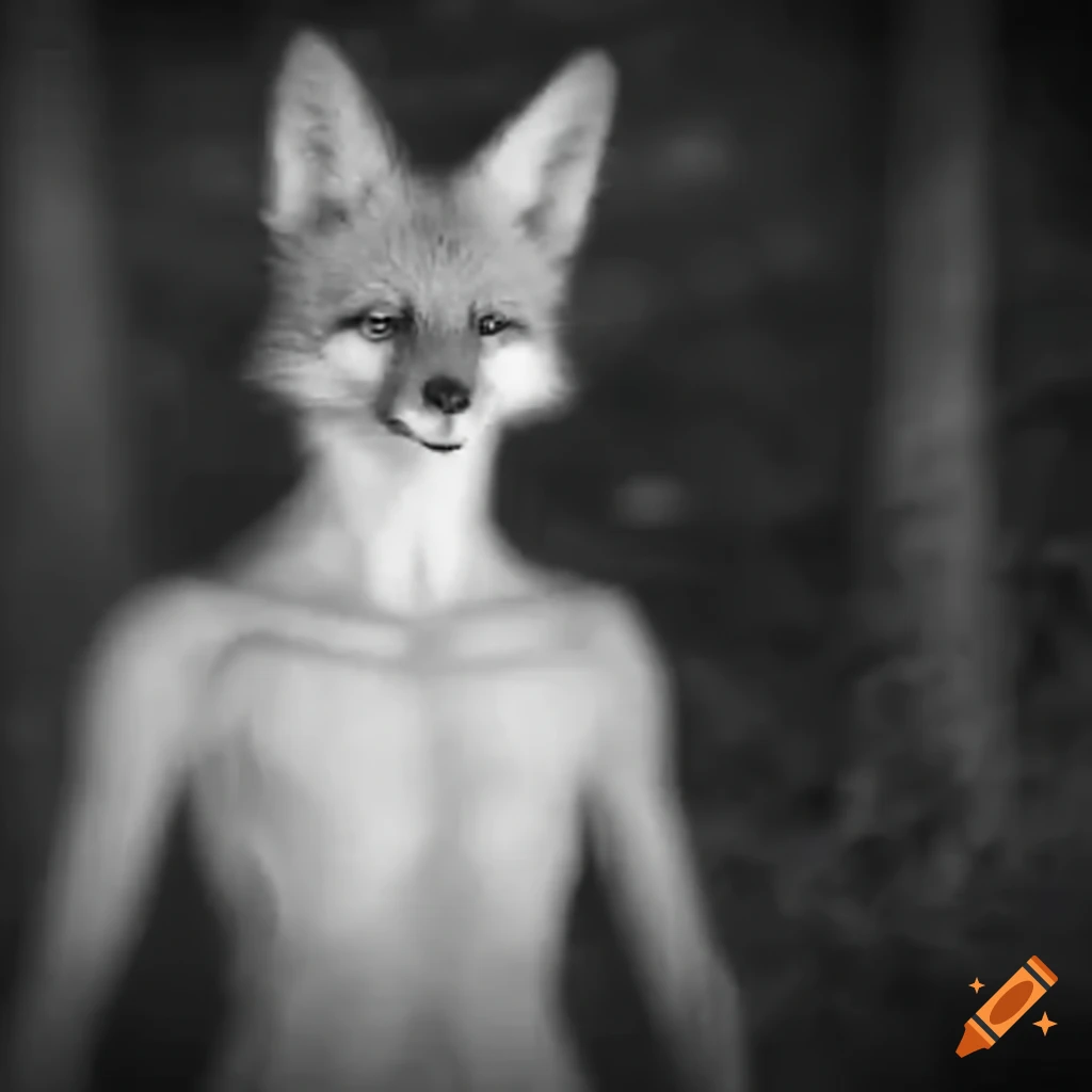 Humanoid red fox standing in a hole captured in creepy black and white ...
