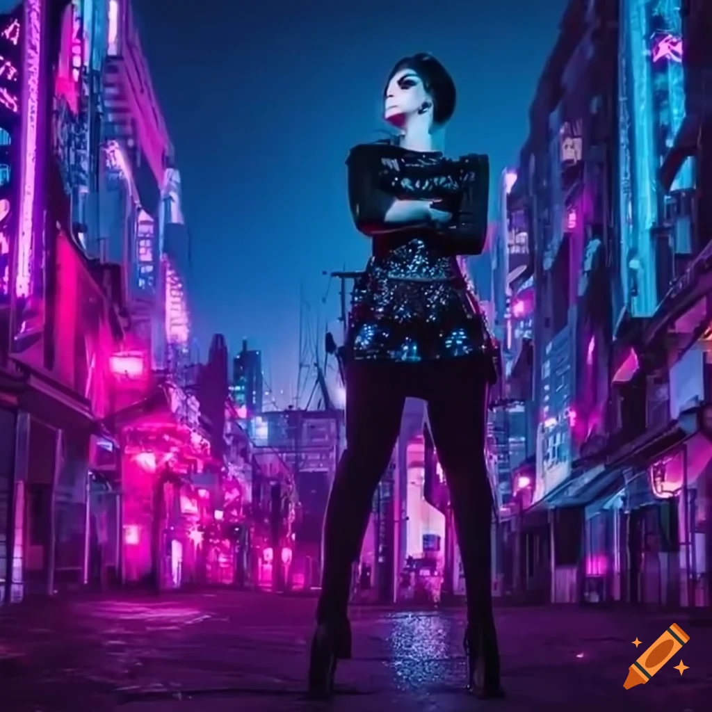 Goth woman standing in a vibrant neon city nightscape on Craiyon