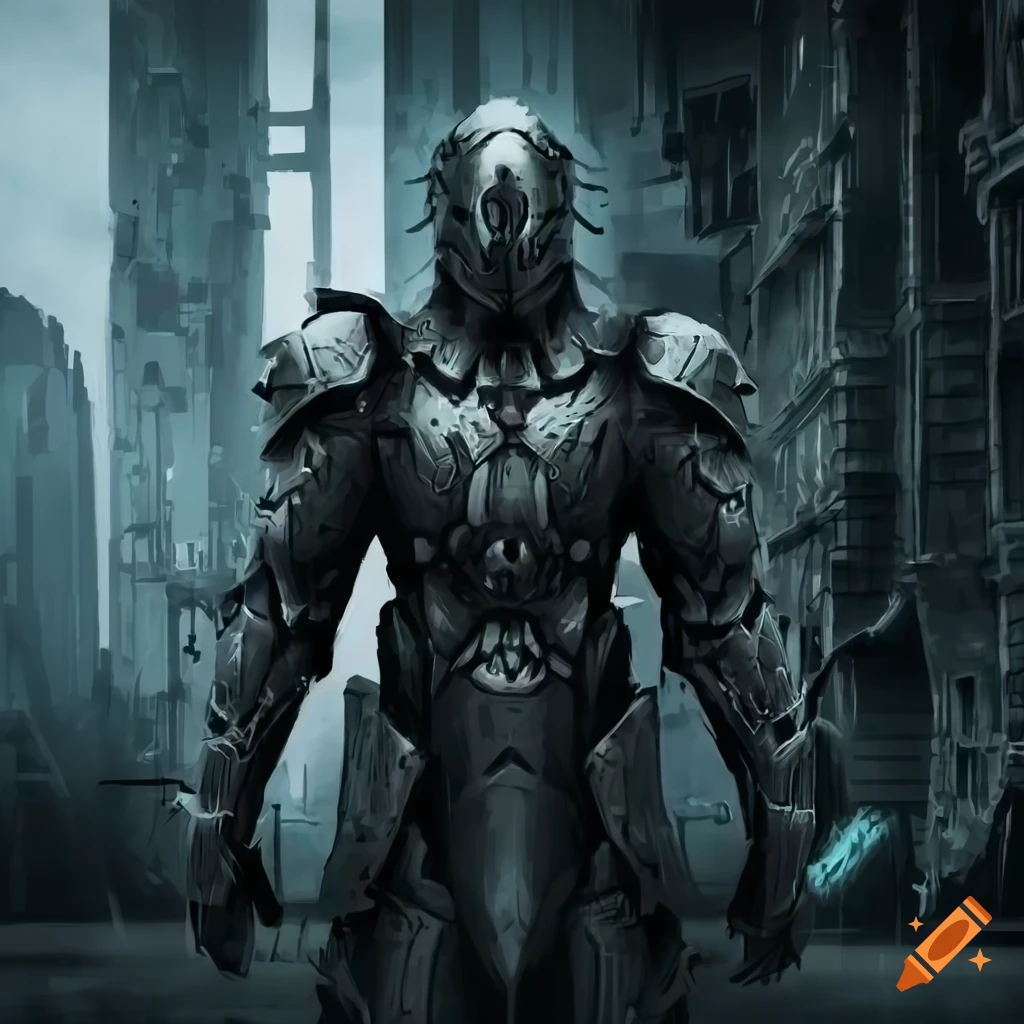 Futuristic knight in mechanical armor with dark city ruins in the ...
