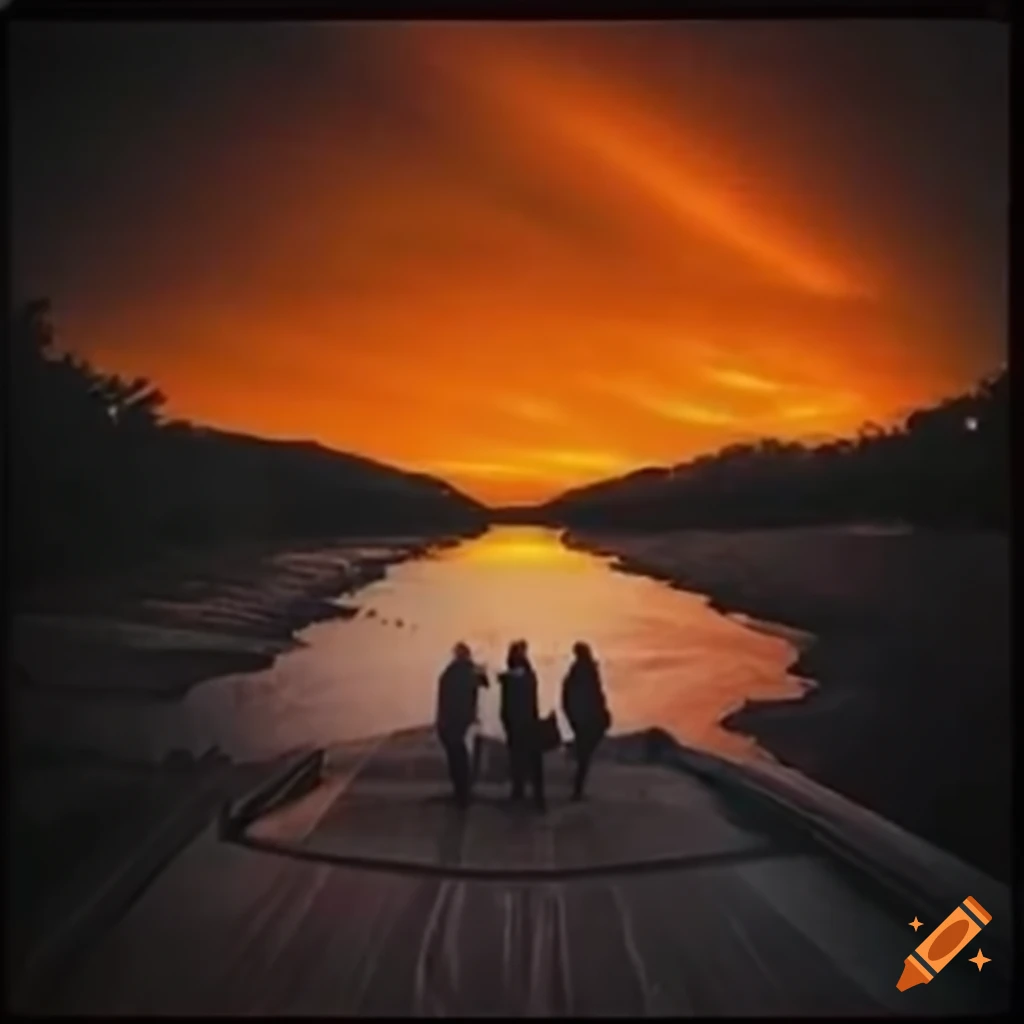 Four friends walking into the sunset together on Craiyon