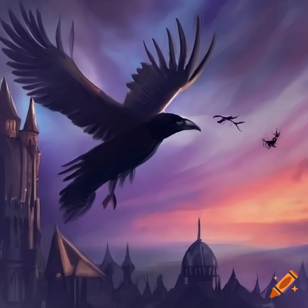Raven flying above a fantasy castle in fantasy art style on Craiyon