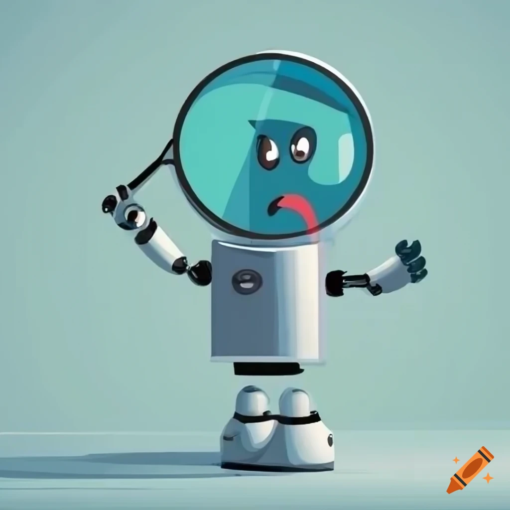 Cartoon robot with a magnifier looking confused on Craiyon