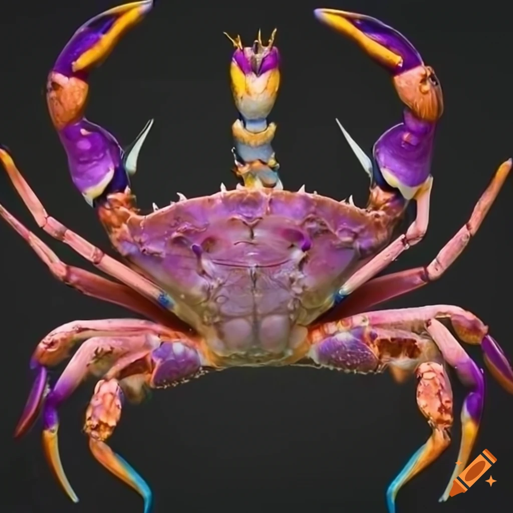 Purple snake, orange dragon, and blue crab hybrid creature on Craiyon