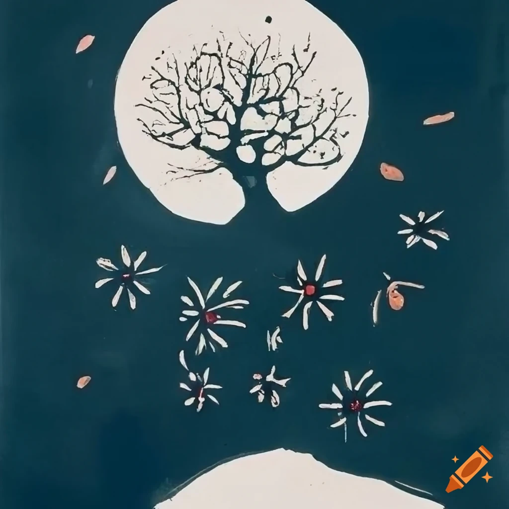 Miro flowers in minimalist winter linocut style on Craiyon