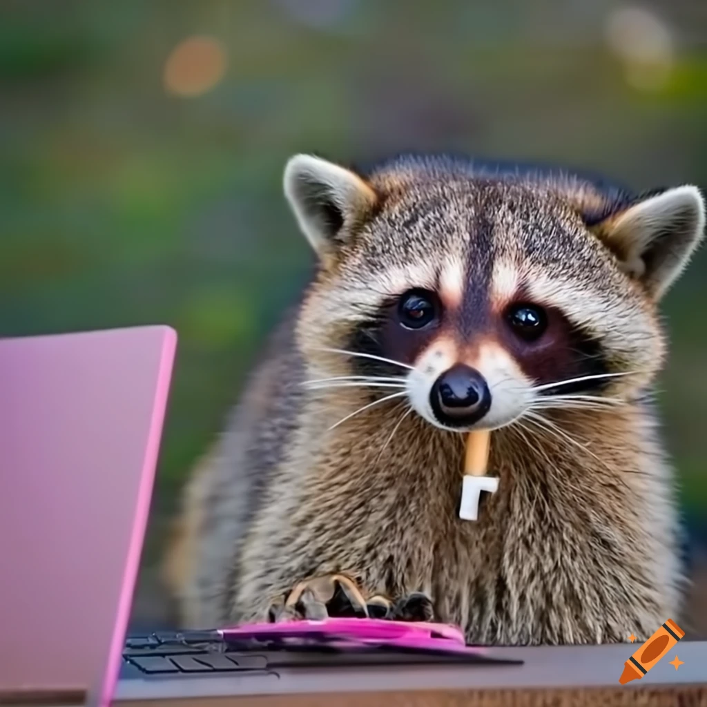 Tired raccoon with pink sunglasses and cigarettes on a laptop on Craiyon