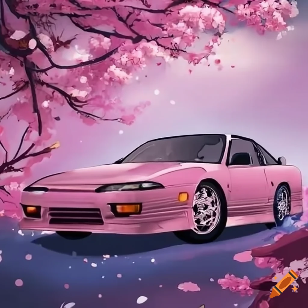 Nissan 240sx with cherry blossom and meteor design on Craiyon