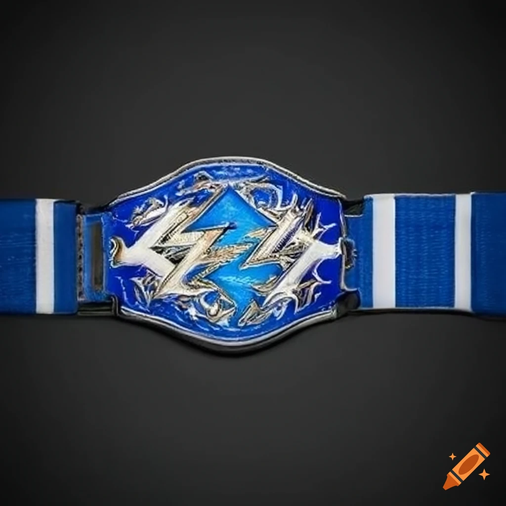 White and blue wrestling belt with a lightning bolt buckle on Craiyon