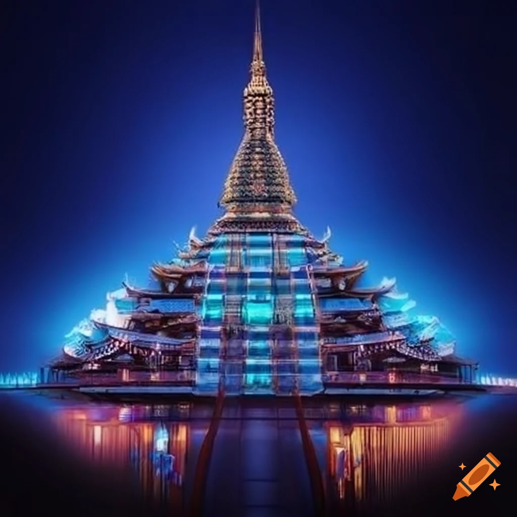 Geometric buddhist temple with futuristic technology elements on Craiyon