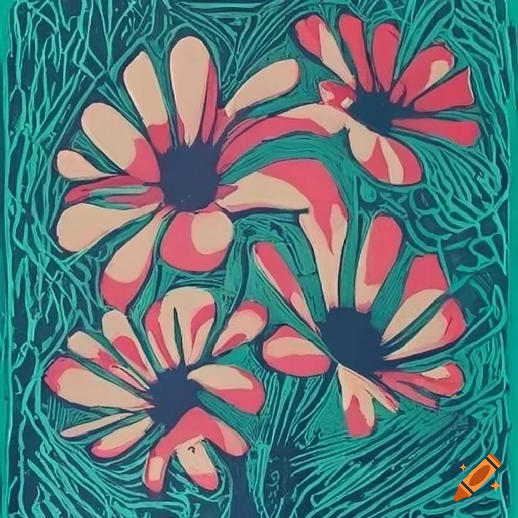 Abstract linocut of flowers on Craiyon