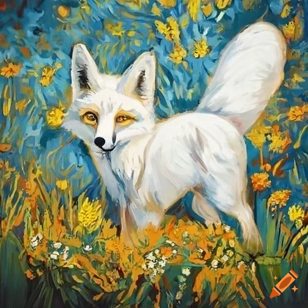 Cute white snow fox in a flower meadow in van gogh style painting on ...