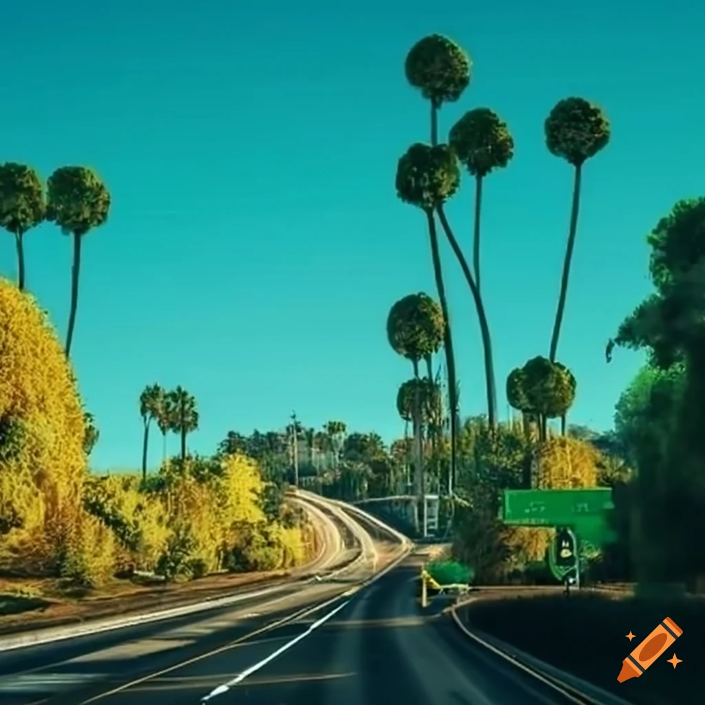Los Angeles freeway adorned with plants in a biophilic design on Craiyon