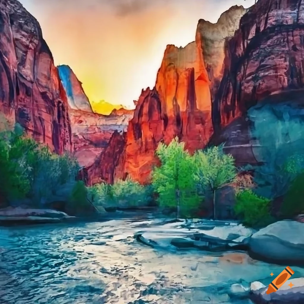 Sunset view of zion national park watchman with river and blue sky on ...