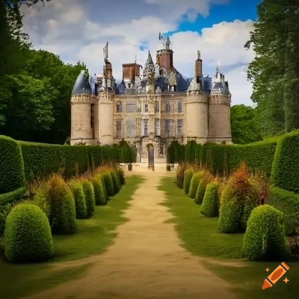 Large castle palace in a forest with french gardens and towers on Craiyon