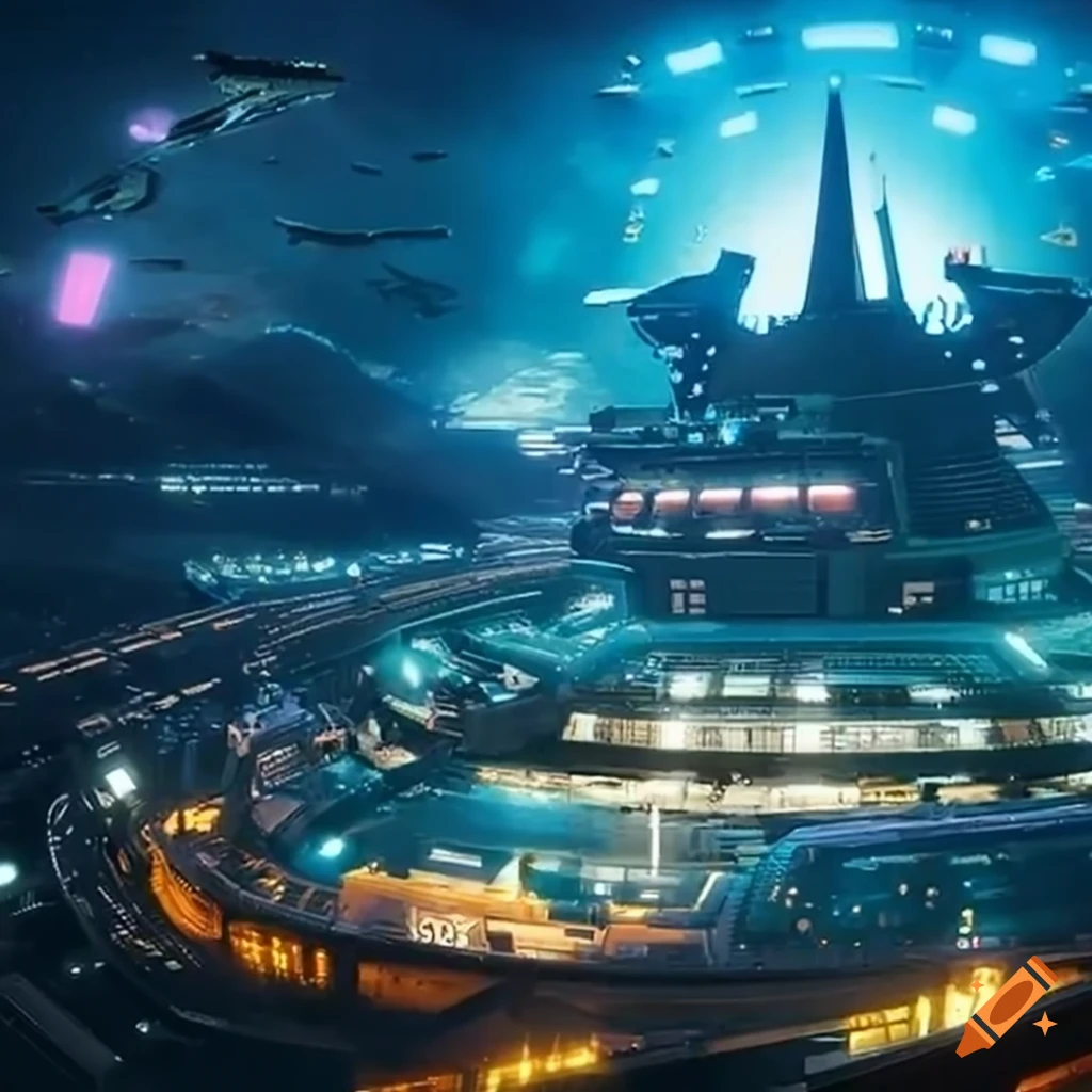 Sci-fi future city with a docking spaceship from a high angle on Craiyon
