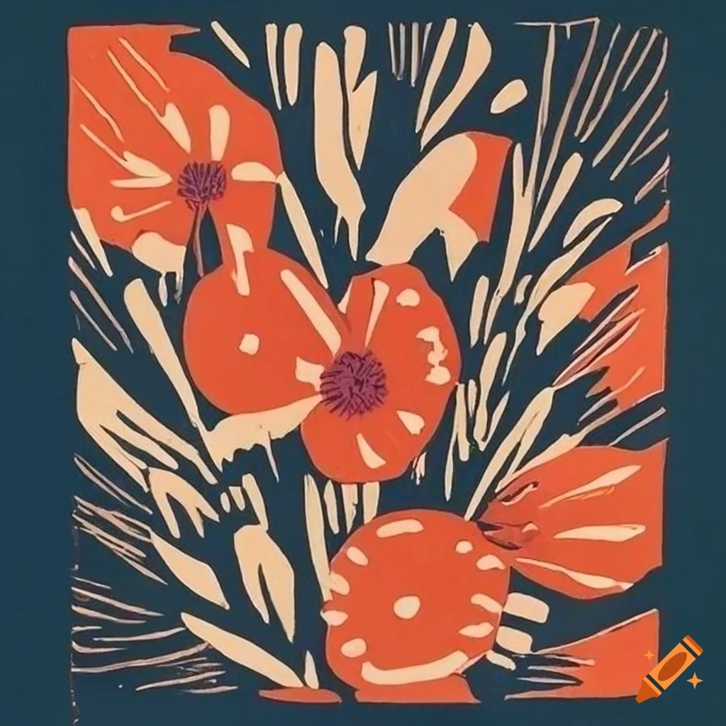 Mid-century modern flowers linocut design on Craiyon