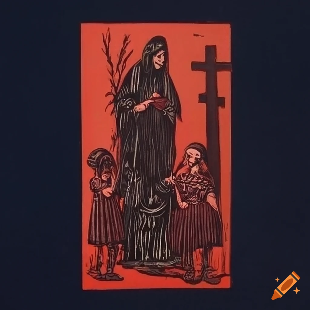 Goth stations of the cross linocut on Craiyon