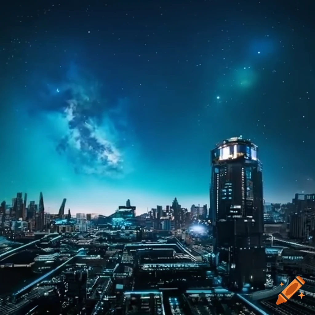 Sci-fi future city with a docking spaceship from a high angle view on ...