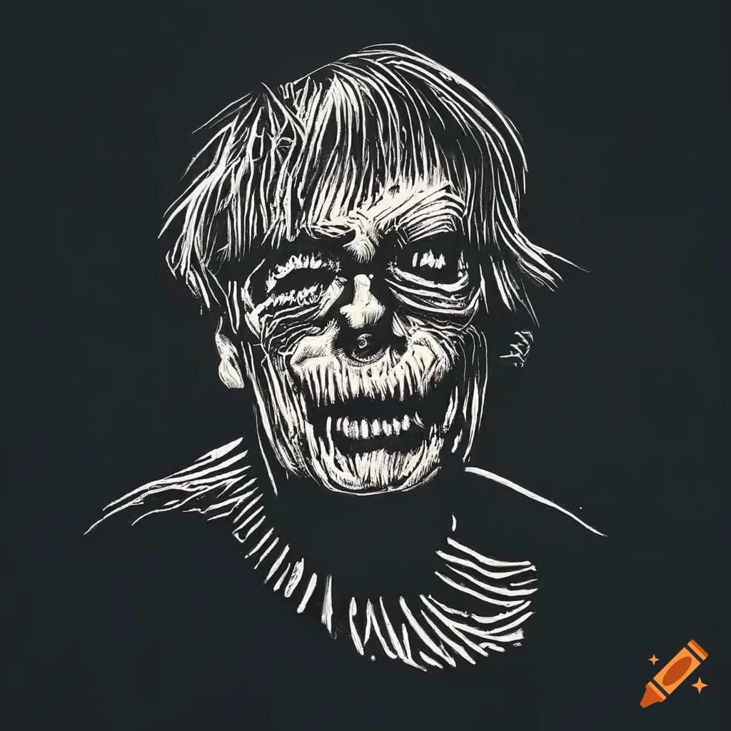 Stephen king horror bird in a linocut style on Craiyon