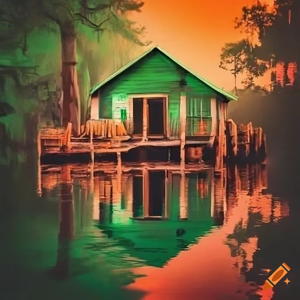 Louisiana bayou night scene with a log cabin in orange and green colors ...