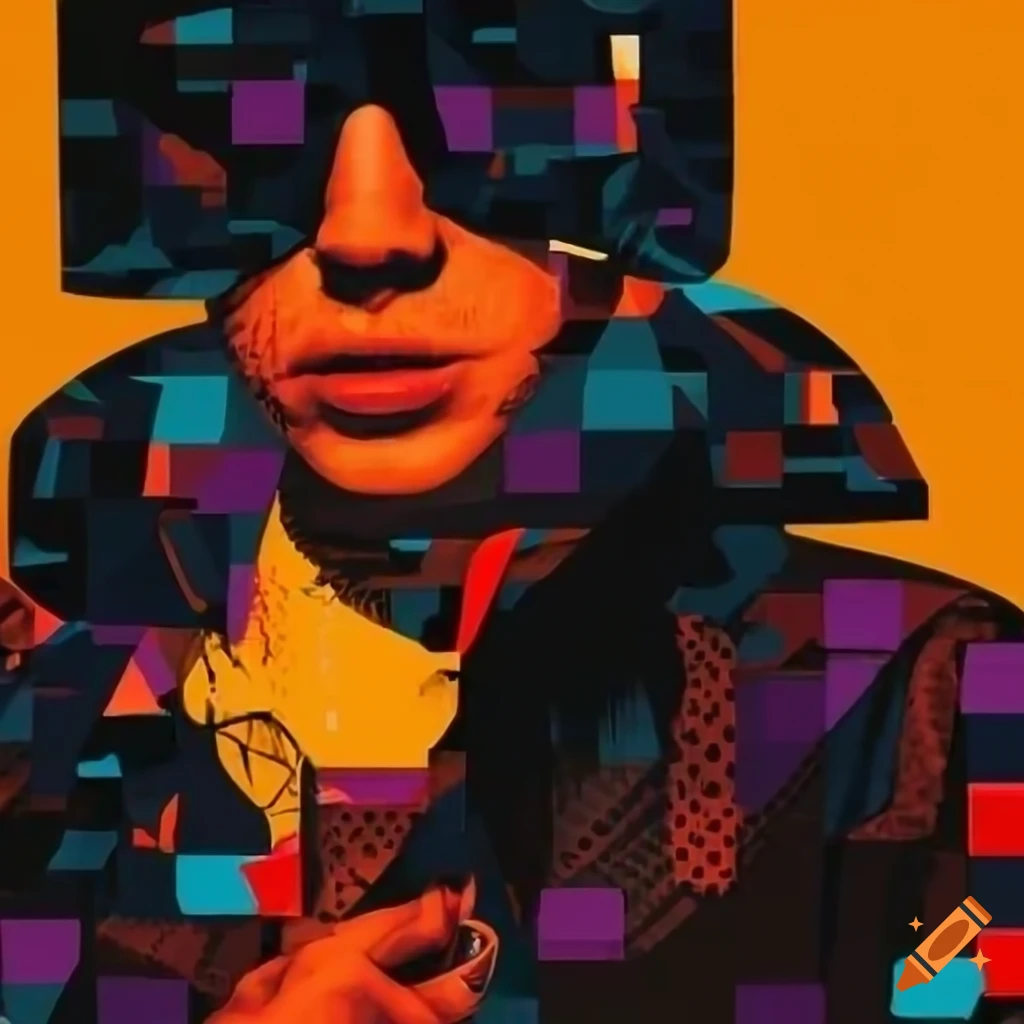 Pop-art style British scene titled Cubik Lab with taxi and young man in a collage on Craiyon