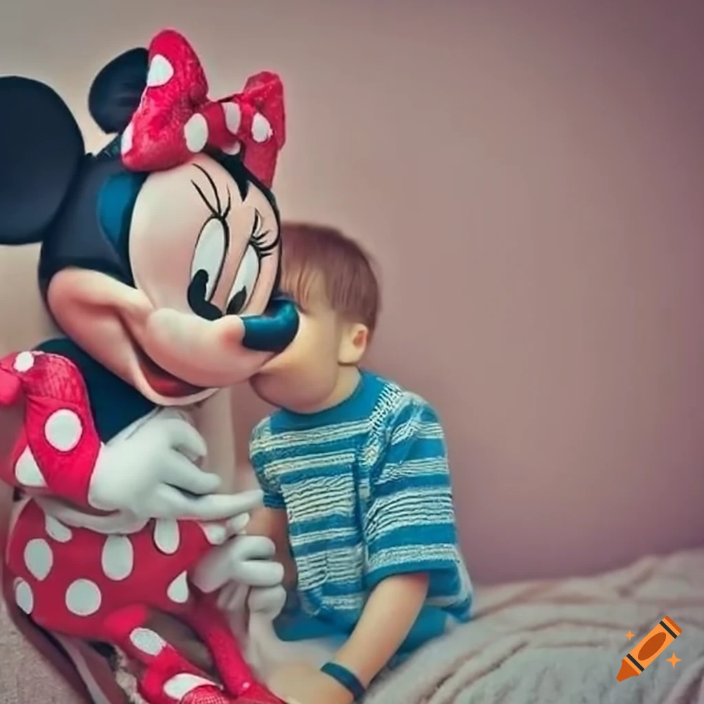 Minnie mouse hugging a boy in a cozy corner on Craiyon
