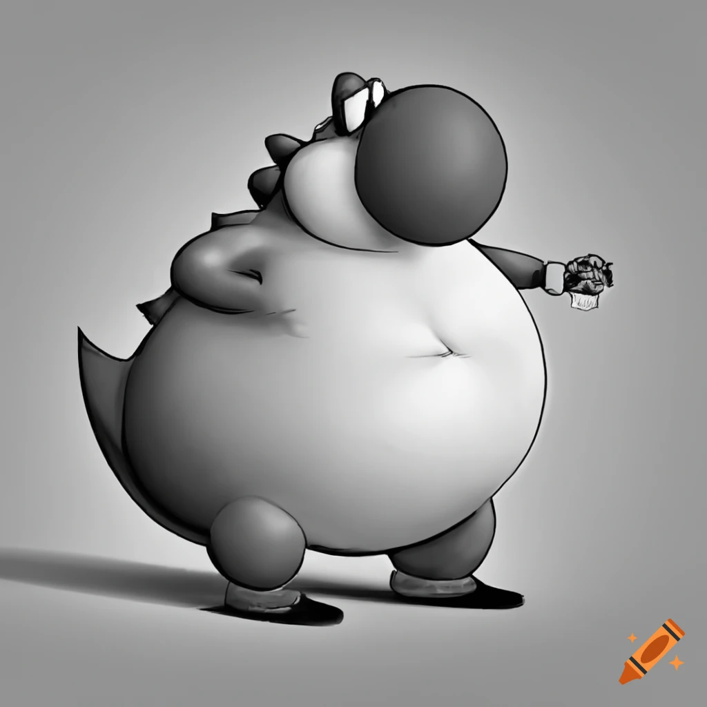 Green yoshi character with a large belly in a humorous portrayal on Craiyon