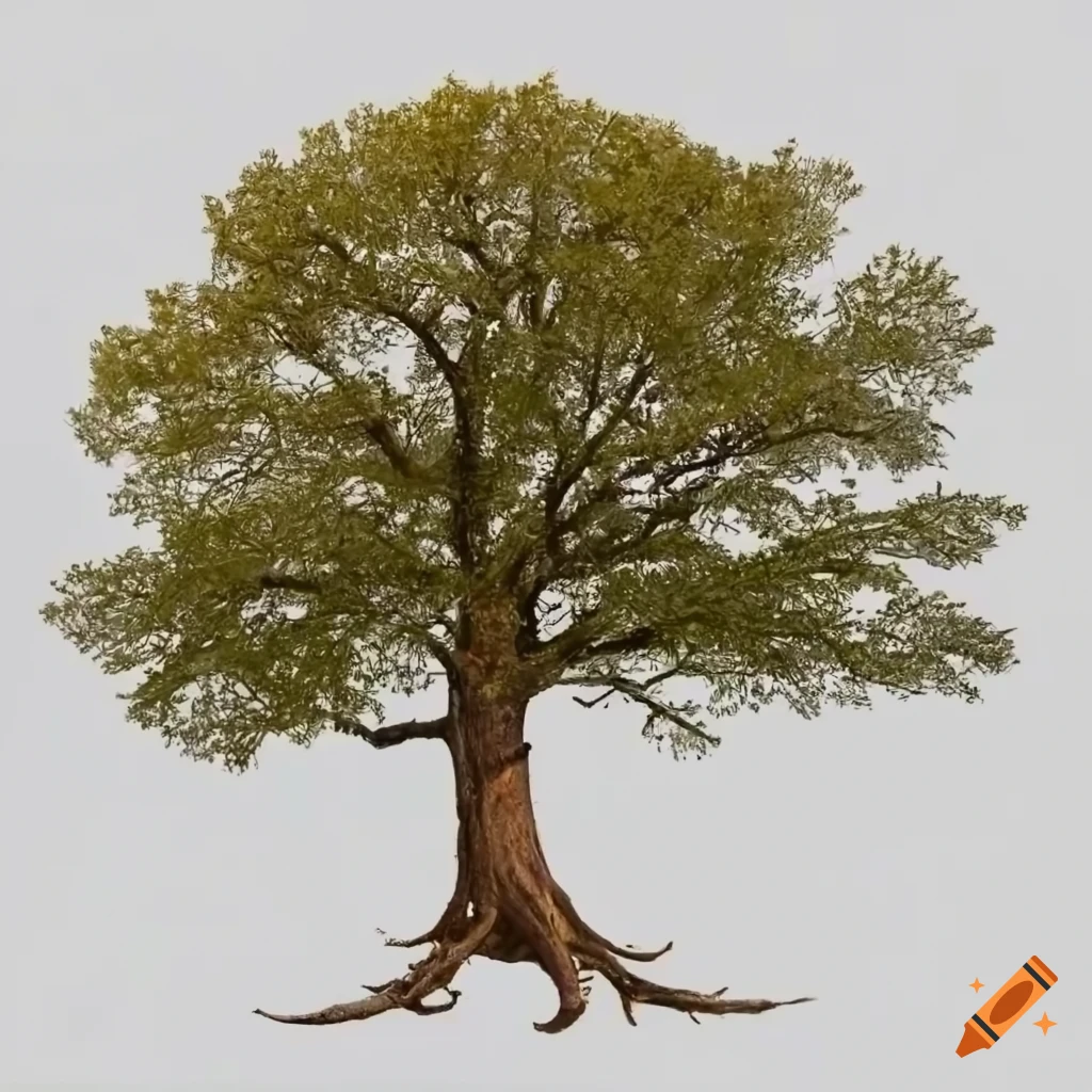 Realistic oak tree with distinct branches and roots in white background ...