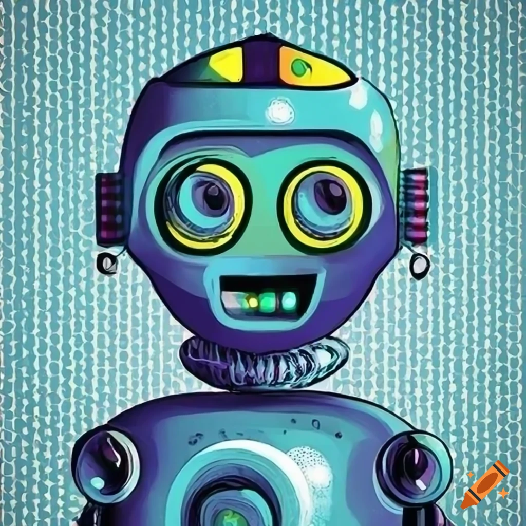 Pop-art design of a cute robot with elegant cursive script saying robot ...