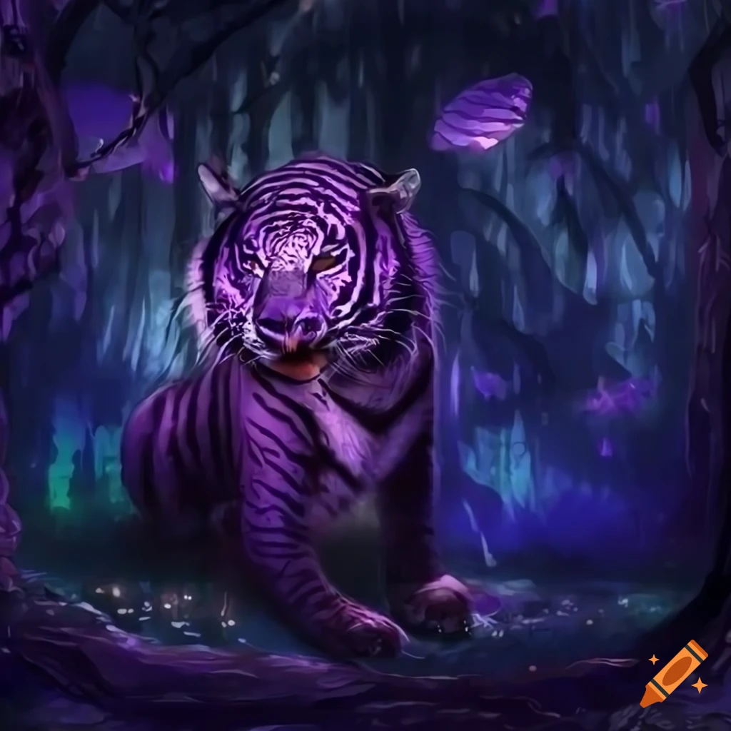 Diamond raining in a forest with a majestic purple tiger on Craiyon