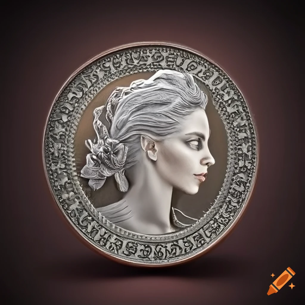 Detailed silver coin with woman's portrait and decorative elements on ...