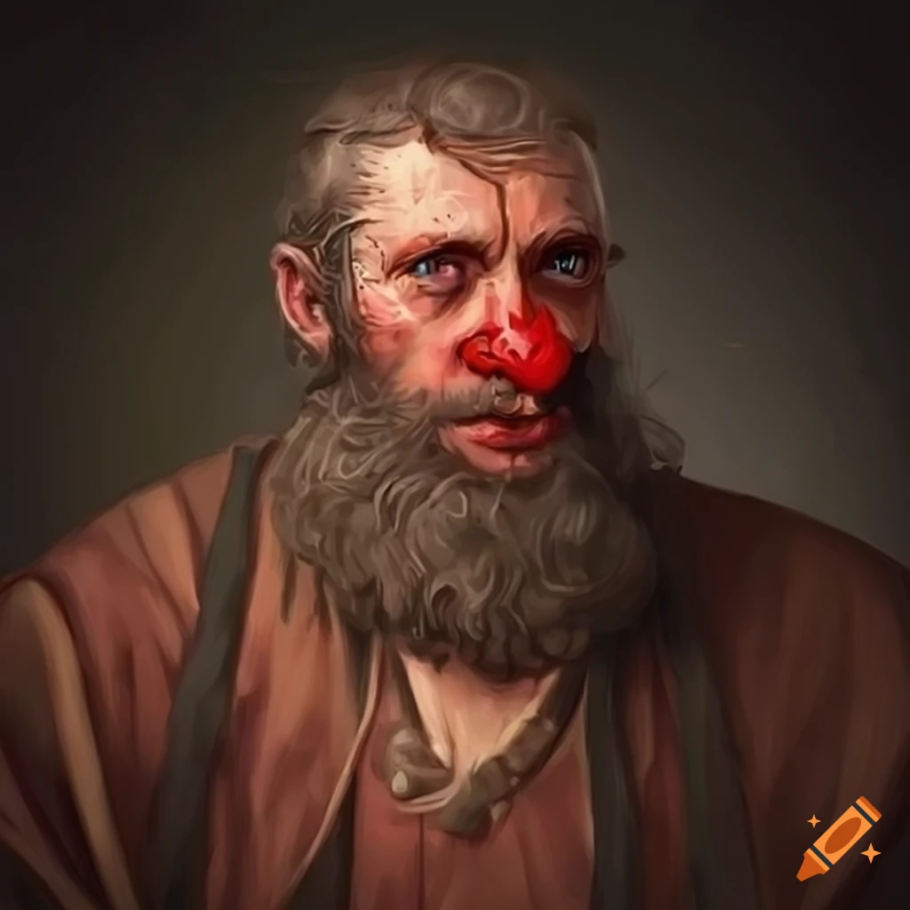 Concept art of a medieval man with red nose and old-fashioned attire on ...