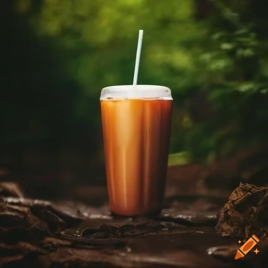 Iced coffee cup on a muddy trail outdoors during a rainy day on Craiyon