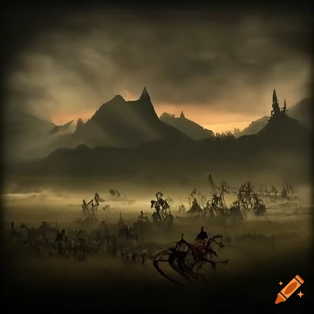 Medieval war general overlooking a dramatic battlefield with smoking ...