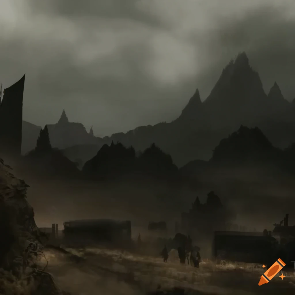 Medieval war general overlooking a dramatic battlefield with smoking ...