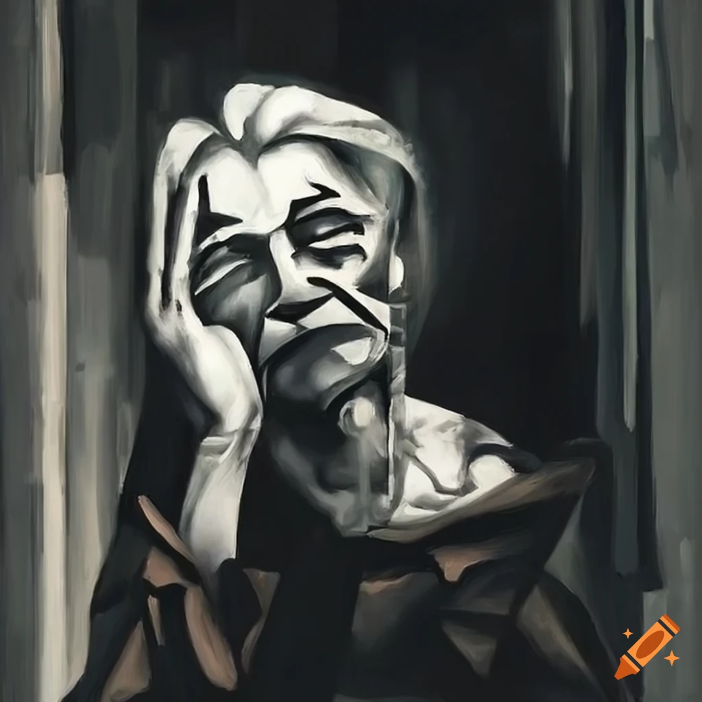 Picasso looking sad in an alley with a cigarette on Craiyon