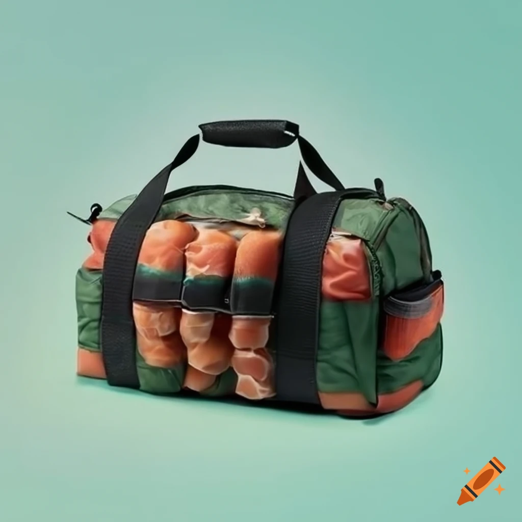 Open duffle bag with spam musubi inside on Craiyon