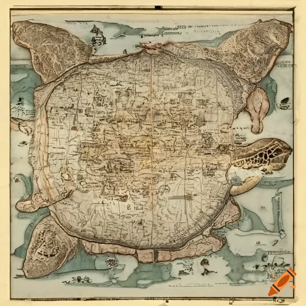 Turtle-shaped map with legends, buildings, and various views on Craiyon