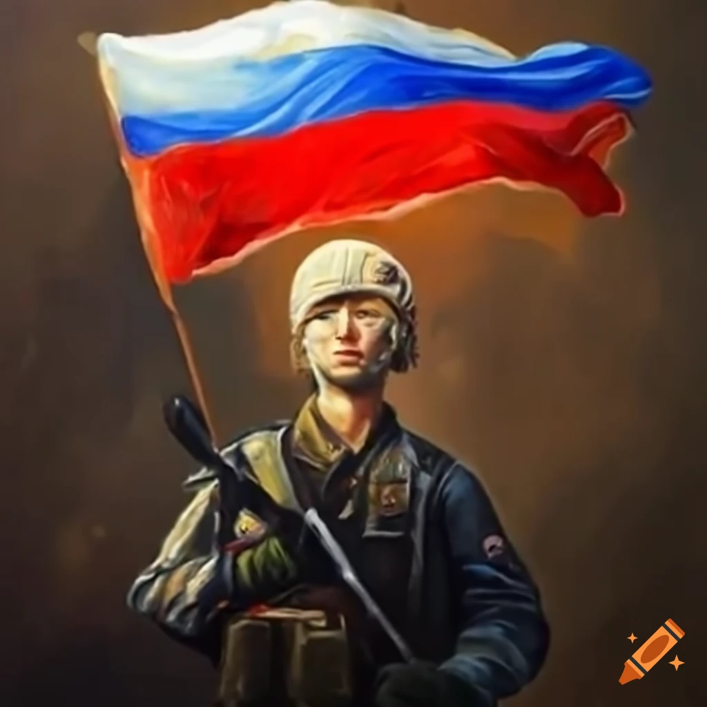 Russian military with the flag of Russia over his head on Craiyon