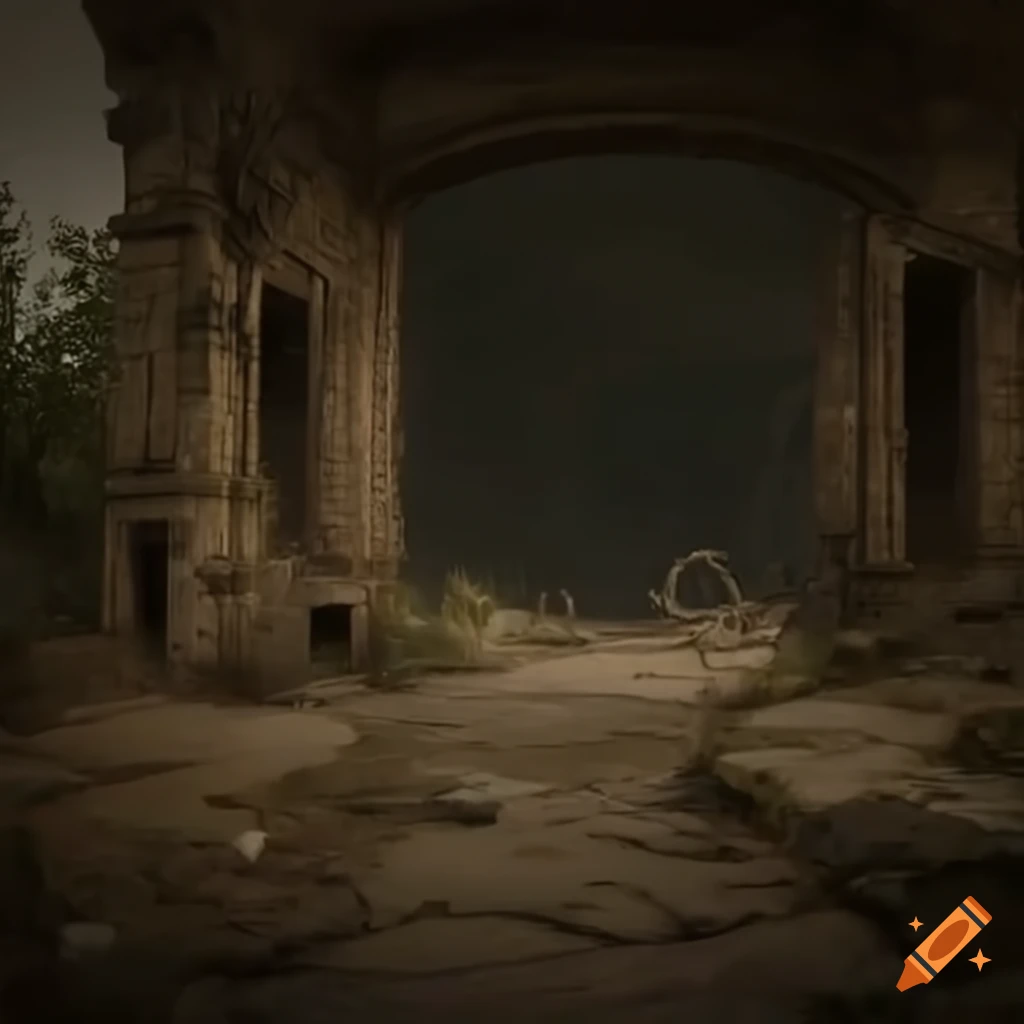 Enigmatic adventurer exploring hidden paths in ruins-filled landscape ...