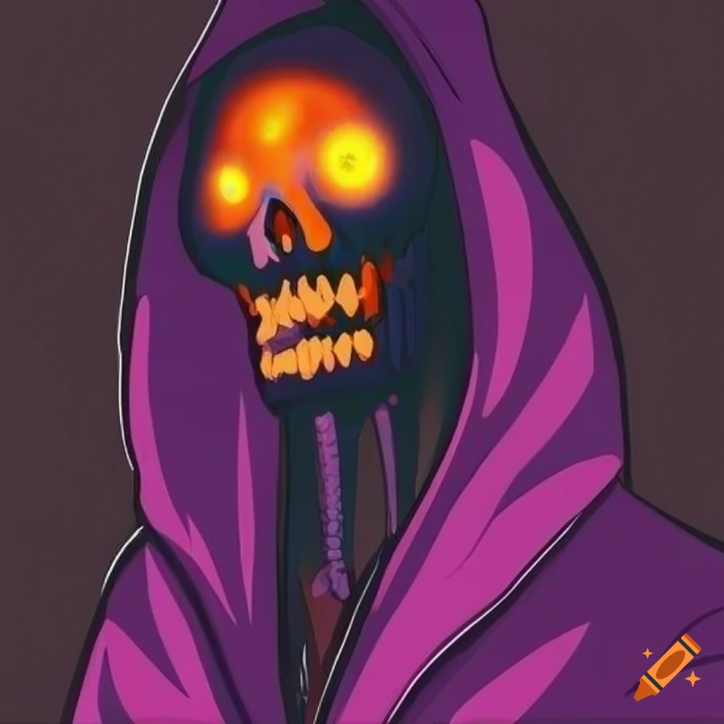 Skeleton with glowing orange eyes in purple robes concept art on Craiyon