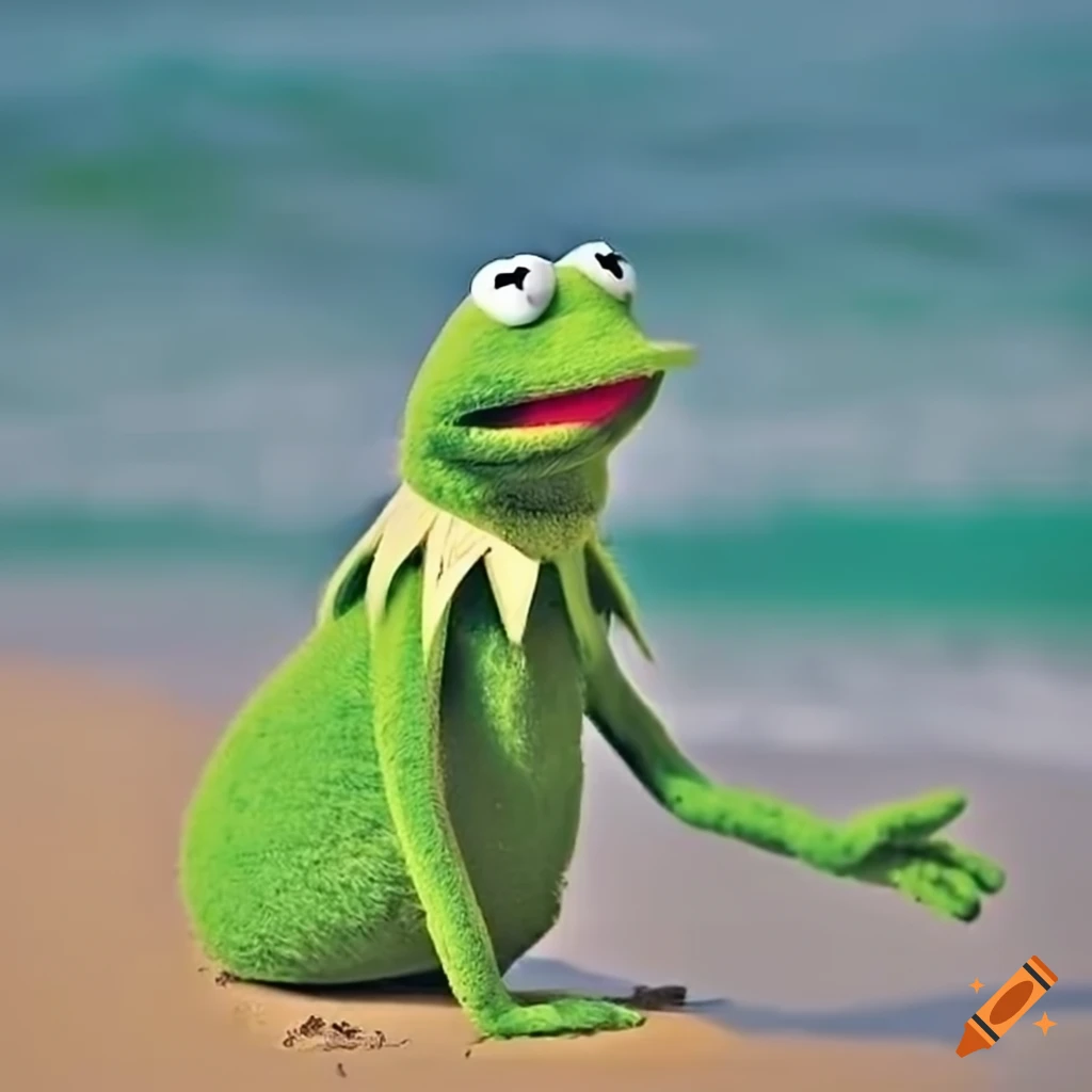 Kermit the frog enjoying the beach on Craiyon