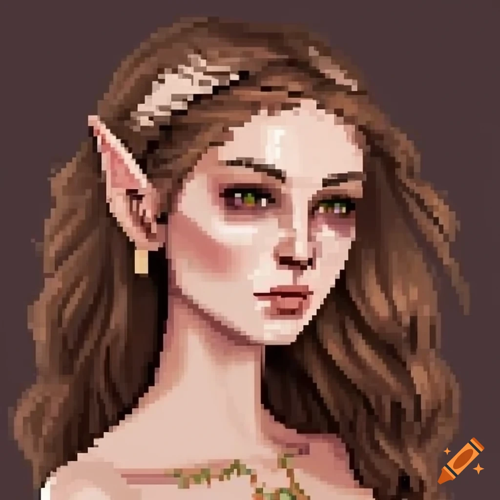 Enchanting elf with wavy brown hair in detailed pixel art on Craiyon