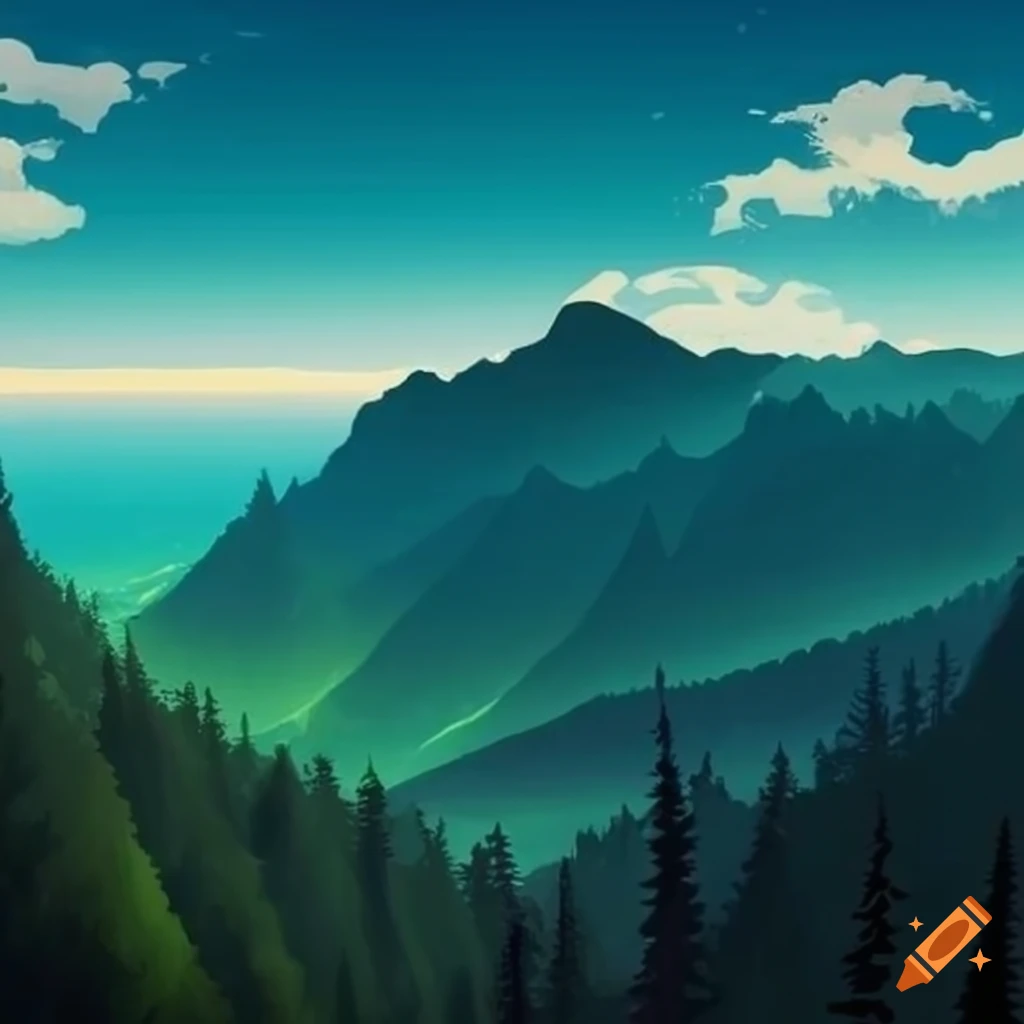Cartoon art of a beautiful mountain forest view on Craiyon
