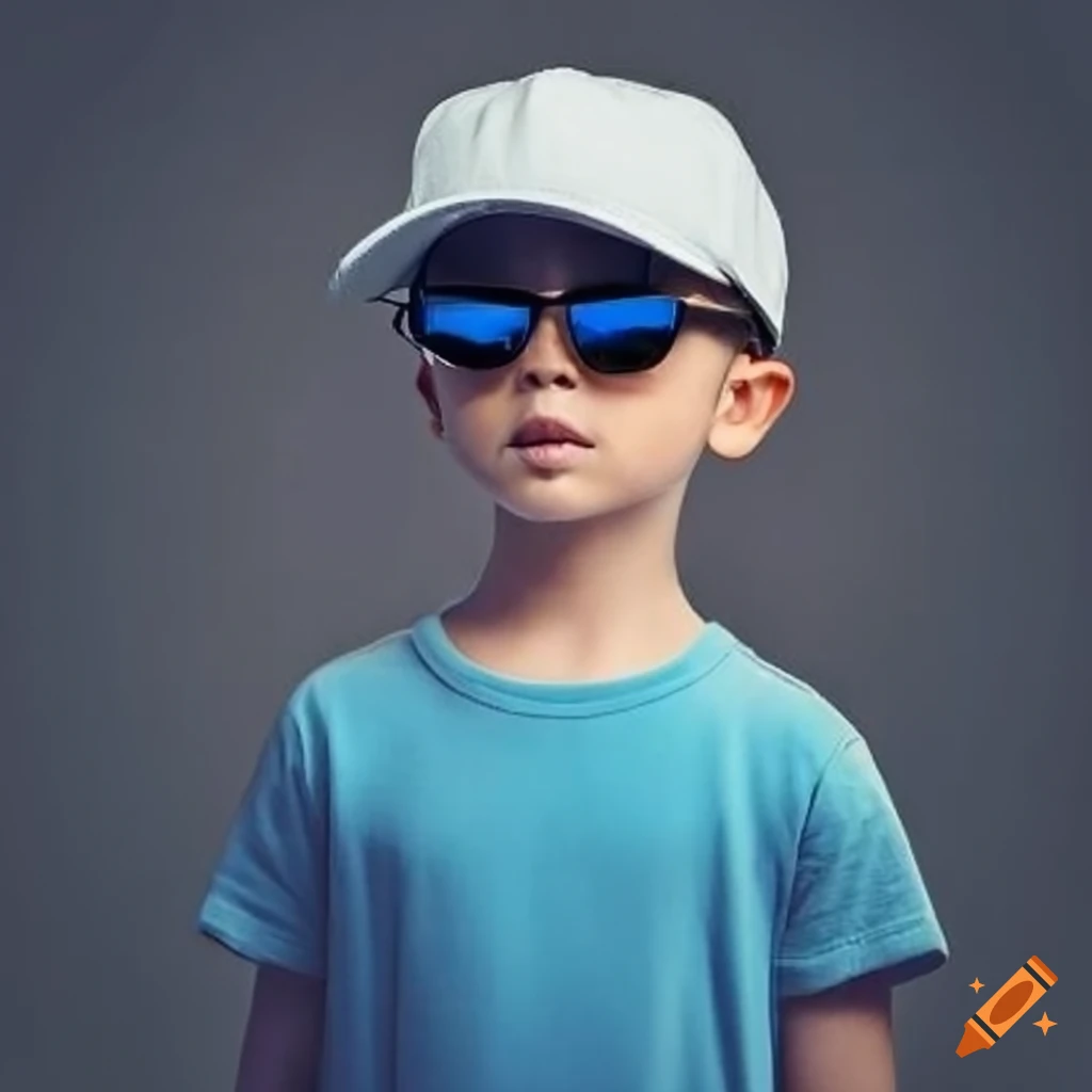 Kids wearing blue t-shirt, white cap, and black sunglasses on Craiyon