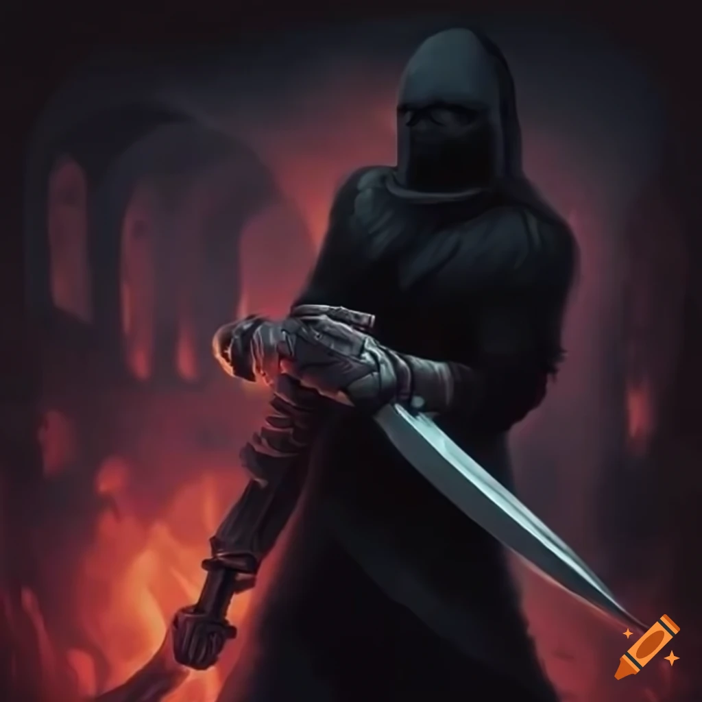 Masked rogue holding a dagger in a dark dungeon on Craiyon