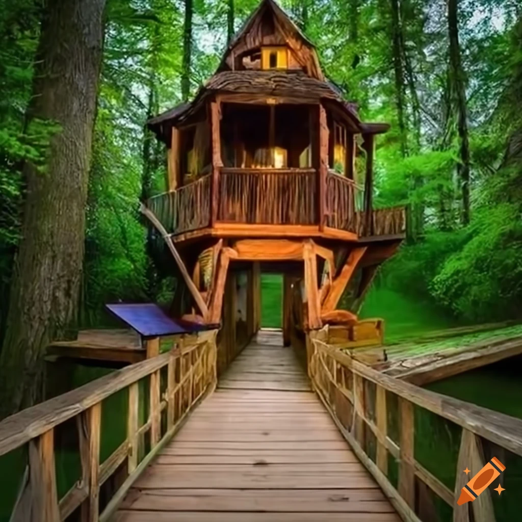 Quaint treehouse village with colorful huts and swinging bridges on Craiyon