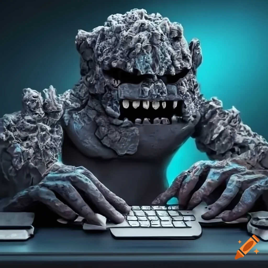 Happy rock elemental typing on a keyboard in front of a computer on Craiyon