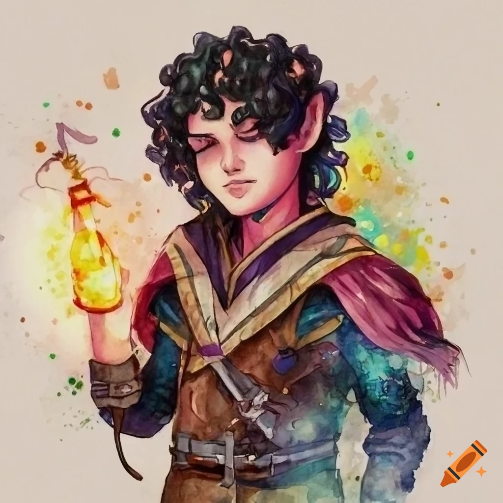 Male halfling rogue with curly black hair in a fantasy watercolor self ...